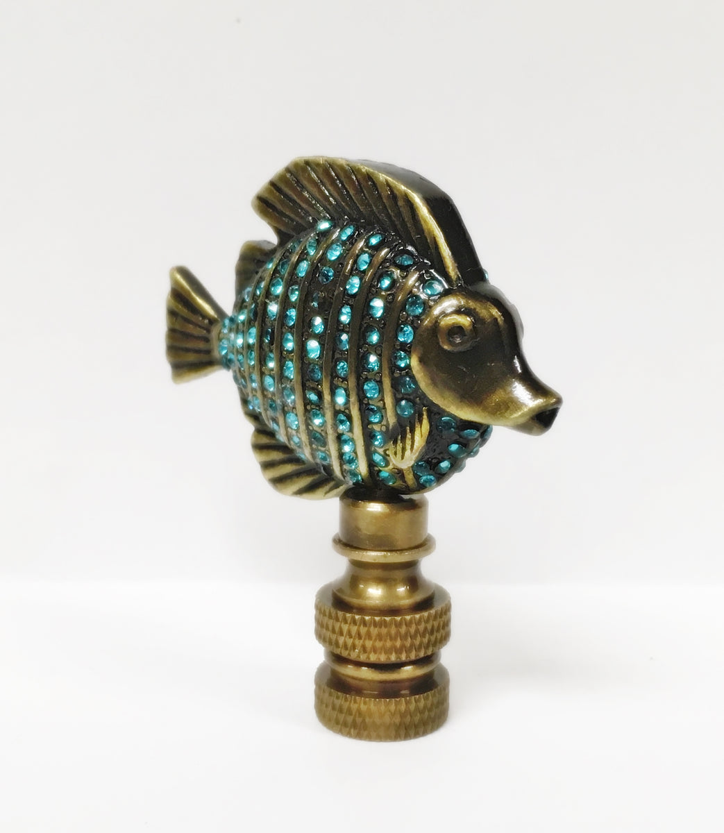 TROPICAL FISH W/Aqua rhinestones Lamp Finial-Aged Brass Finish, Highly ...