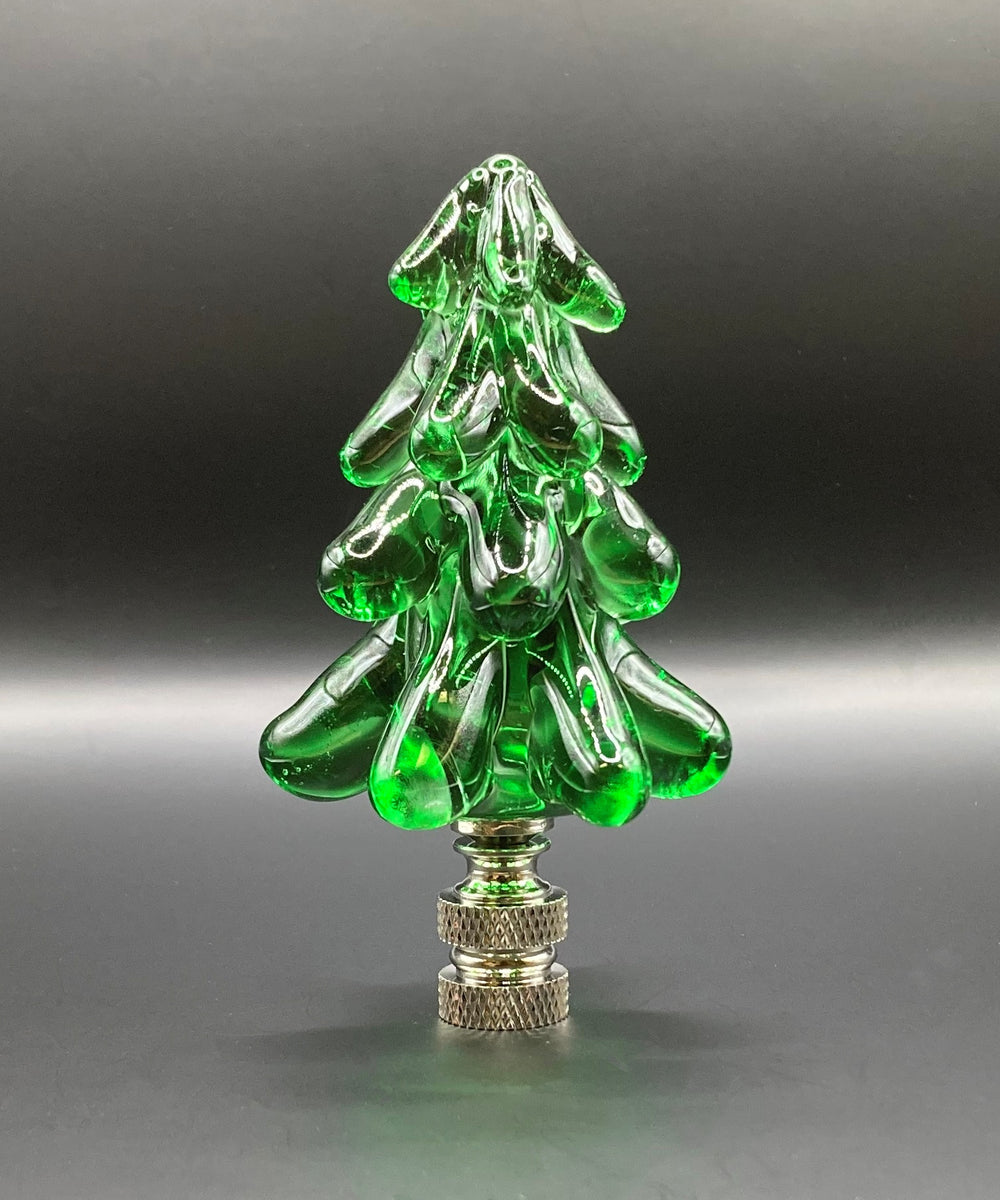 Holiday-Christmas Lamp Finial, GREEN GLASS TREE-Polished Nickel Base ...